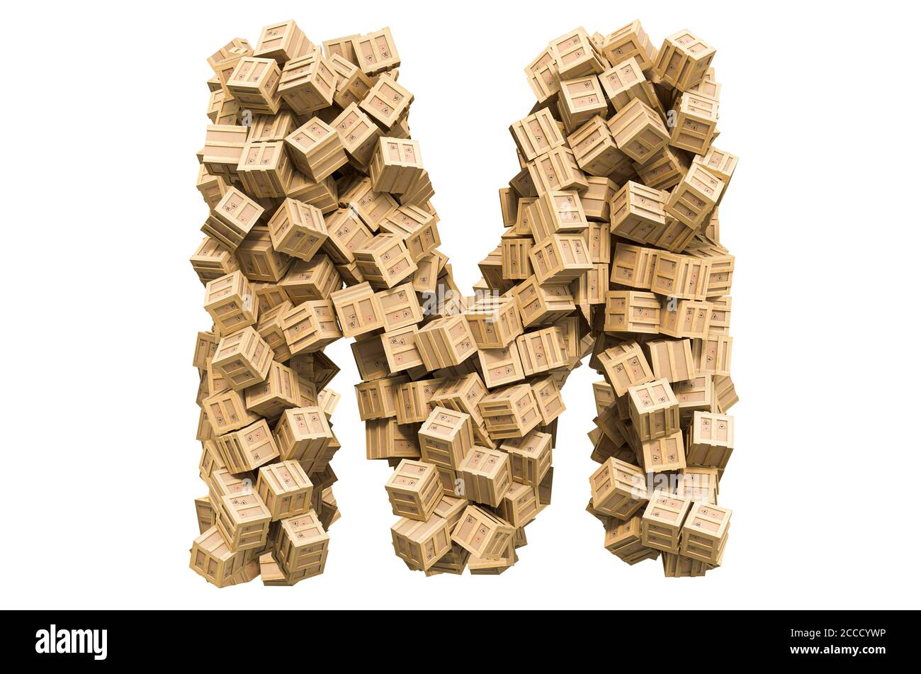 Letter M from wooden boxes. 3D rendering isolated on white background ...