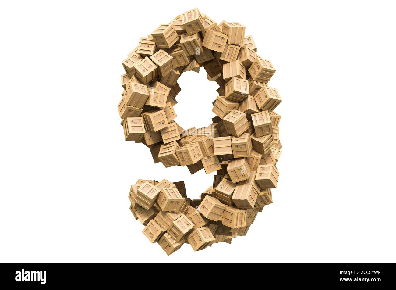 Number 9 from wooden boxes. 3D rendering isolated on white background ...