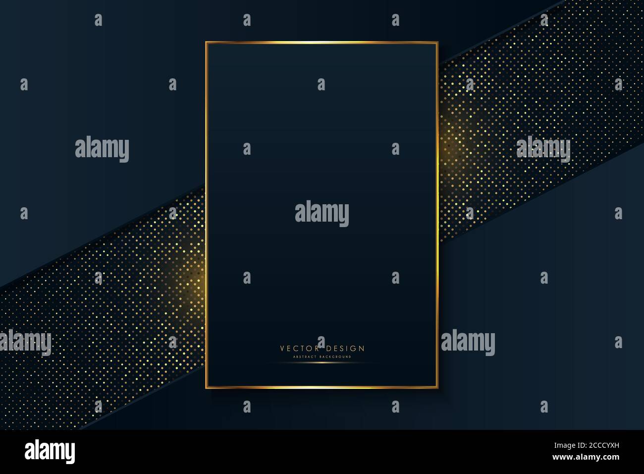 Luxury dark frame of blue and gold with circular glowing golden dots ...