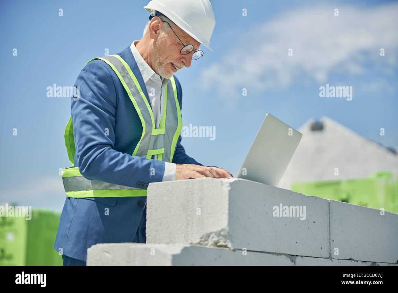 Smiling focused foreman typing on his computer Stock Photo - Alamy