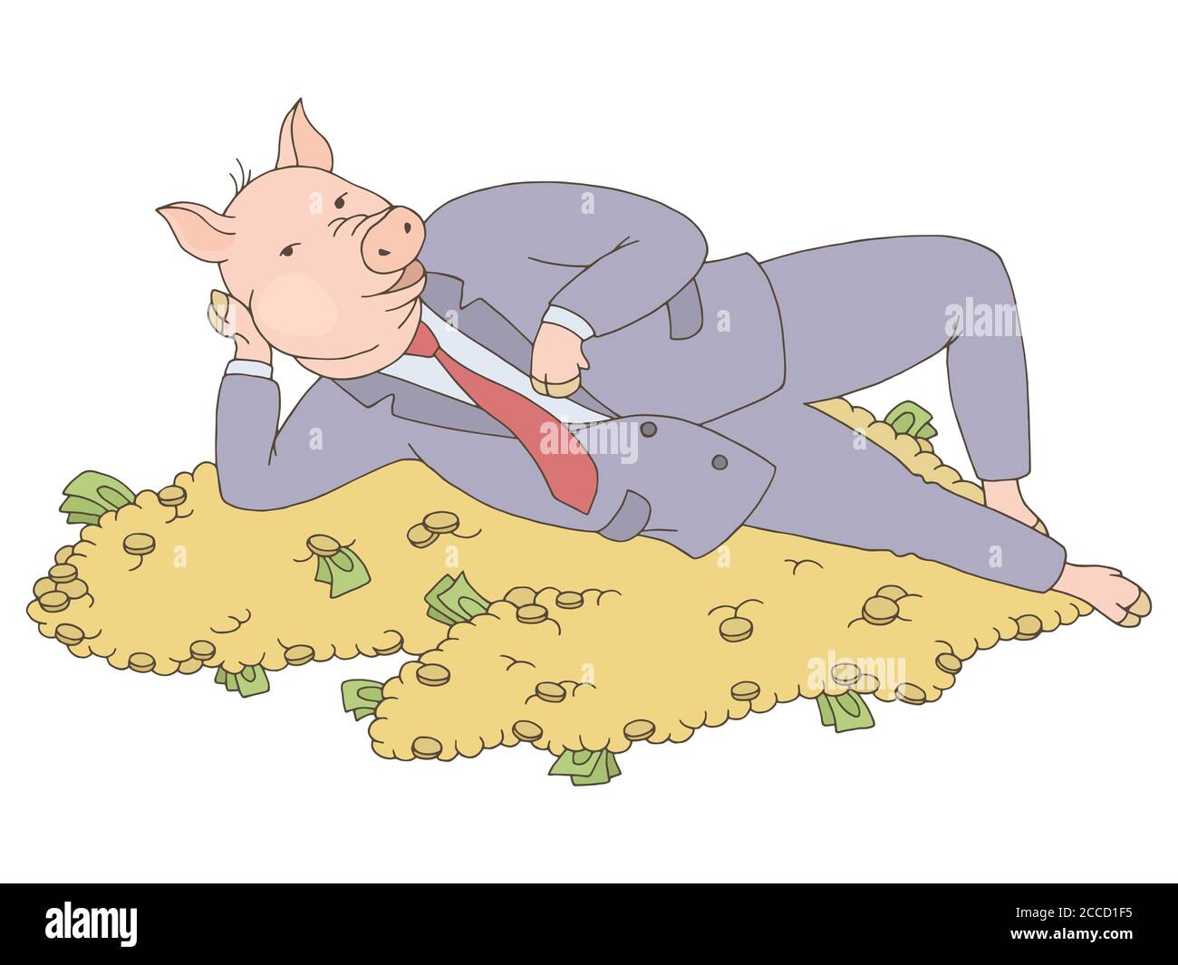 Pig in a suit lying on a pile of money graphic color isolated sketch ...