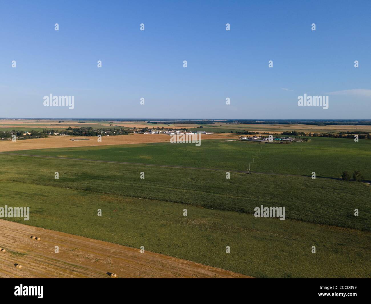 Landscape view from drone, yellow and green fields and haystacks Stock ...