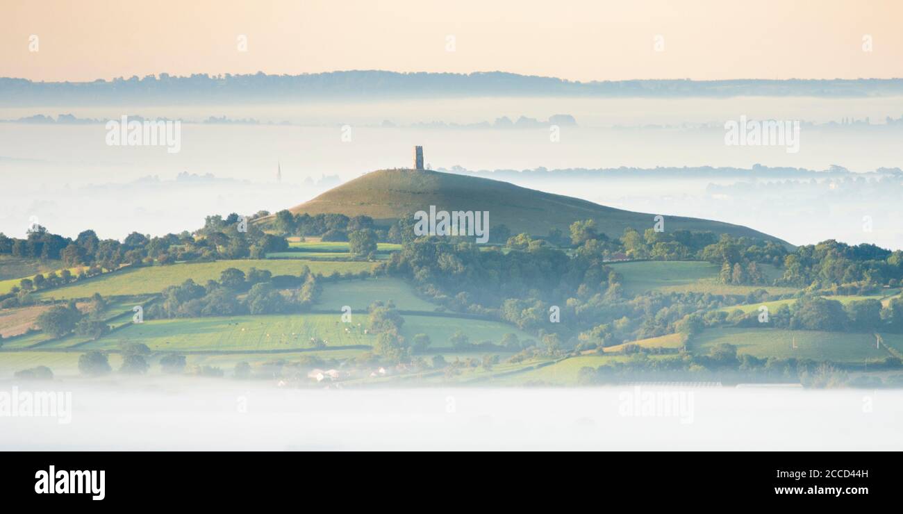 Panoramic view of Glastonbury Tor, known as the Isle of Avalon ...