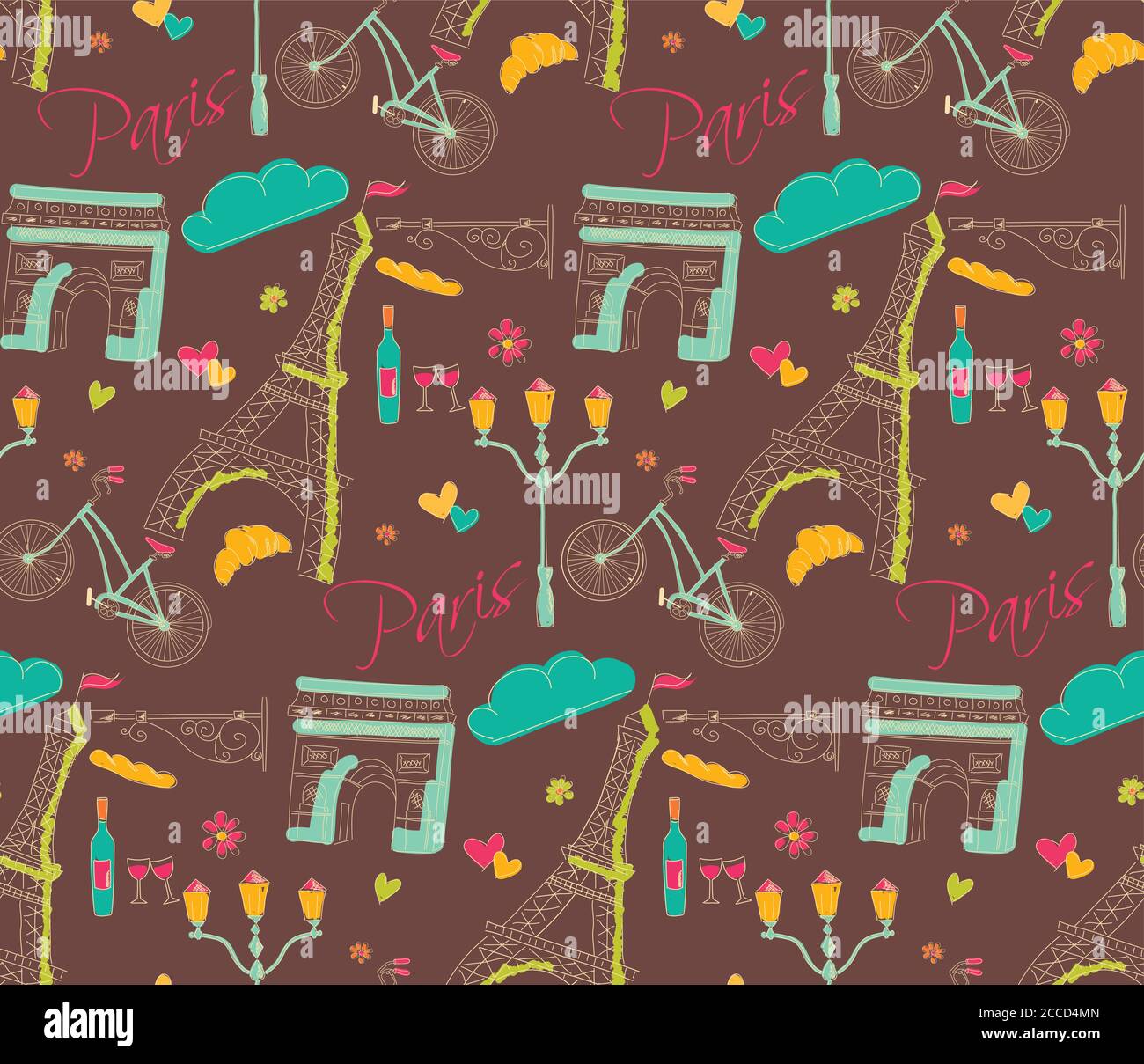 Paris symbols, postcard, seamless pattern, hand drawn, vector ...