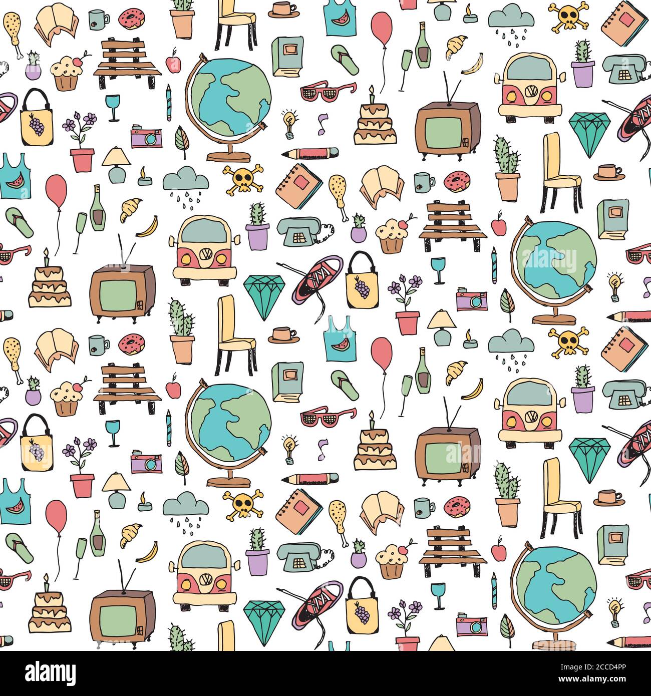 Everyday things, handdrawn, colorful, seamless pattern, vector ...