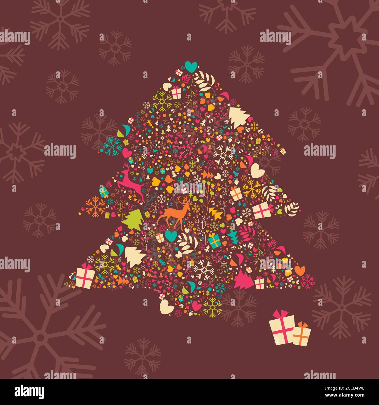 Ornamental Christmas tree with reindeers, gift boxes and snowflakes ...