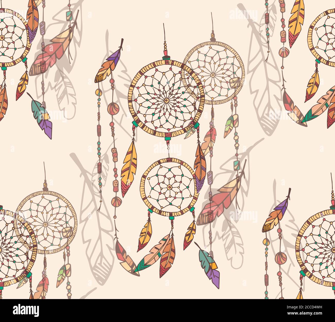 Bohemian dream catcher with beads and feathers, seamless pattern, hand ...