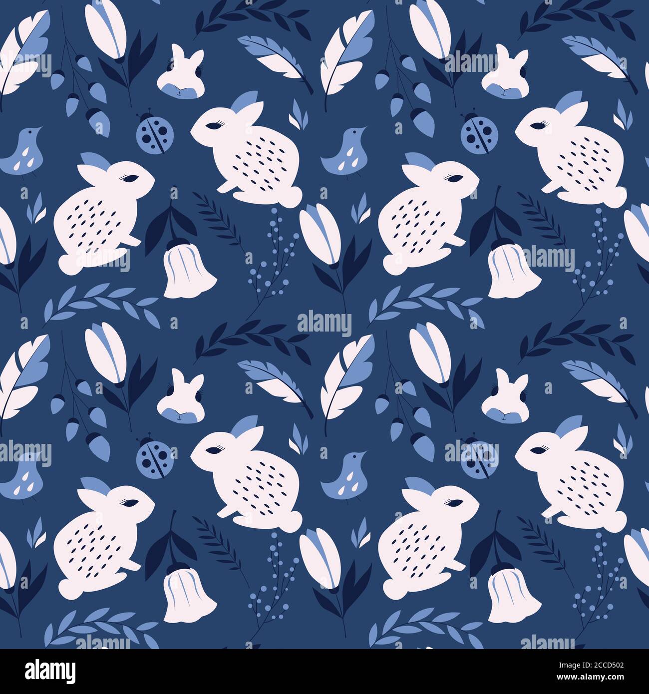 Seamless pattern with rabbits, lady bugs, birds and flowers, vector ...