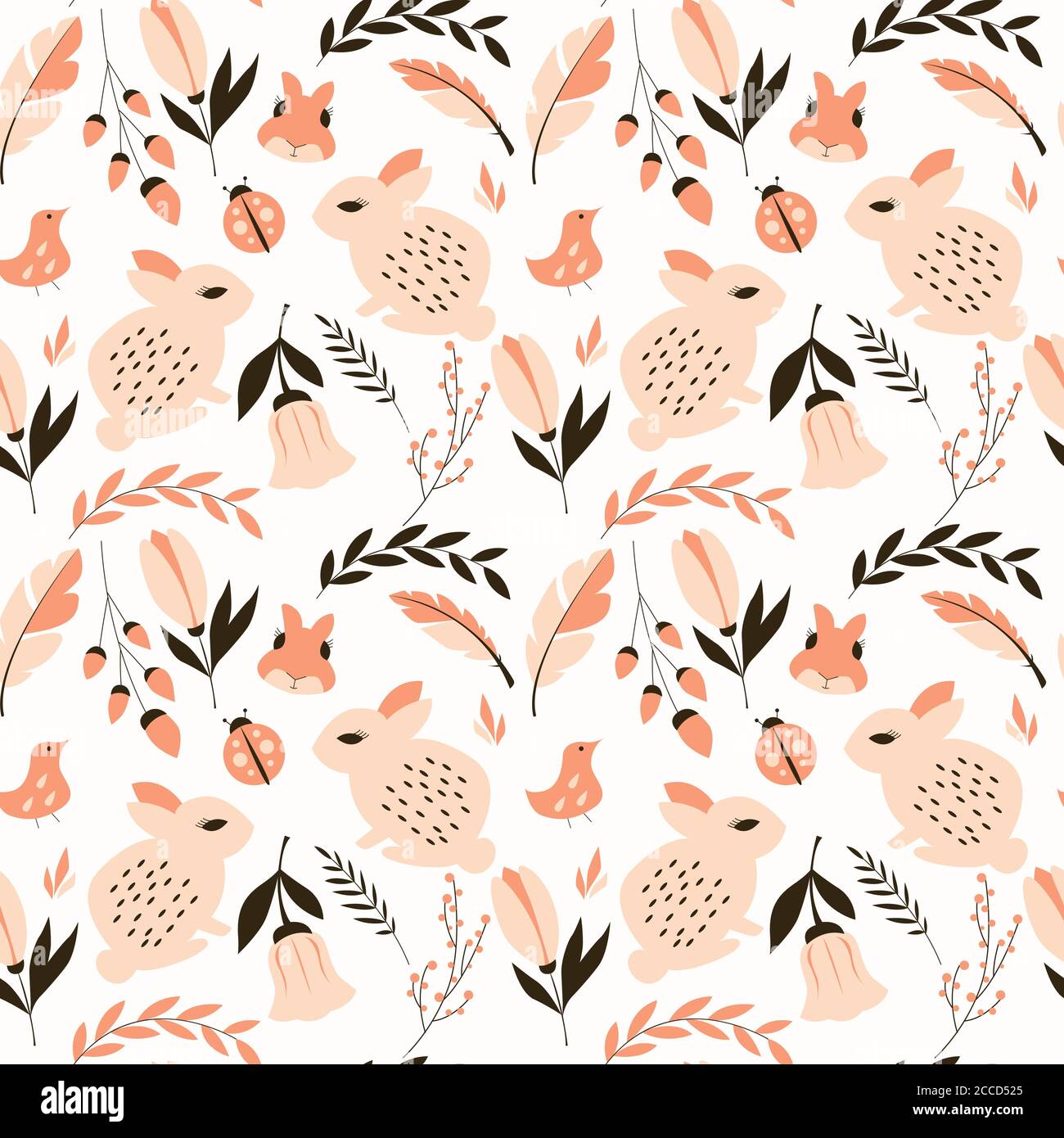 Seamless pattern with rabbits, lady bugs, birds and flowers, vector ...