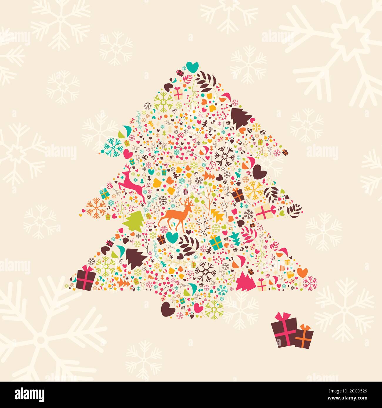 Ornamental Christmas tree with reindeers, gift boxes and snowflakes ...