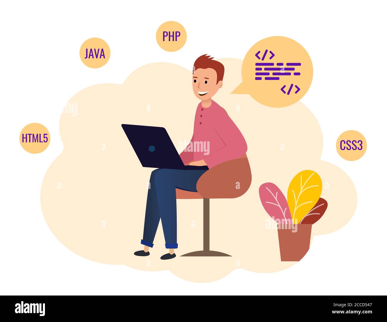 Programmer sitting with laptop and working. Writes code to create a ...