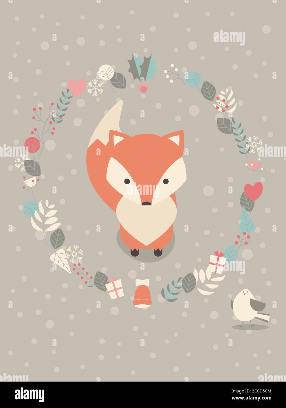 Cute Christmas baby fox surrounded with floral decoration, vector ...