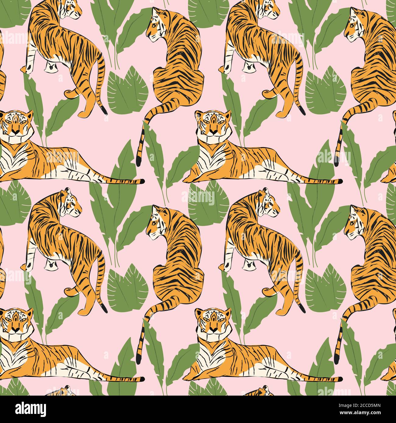 Hand drawn tiger seamless pattern, big cats in different position ...