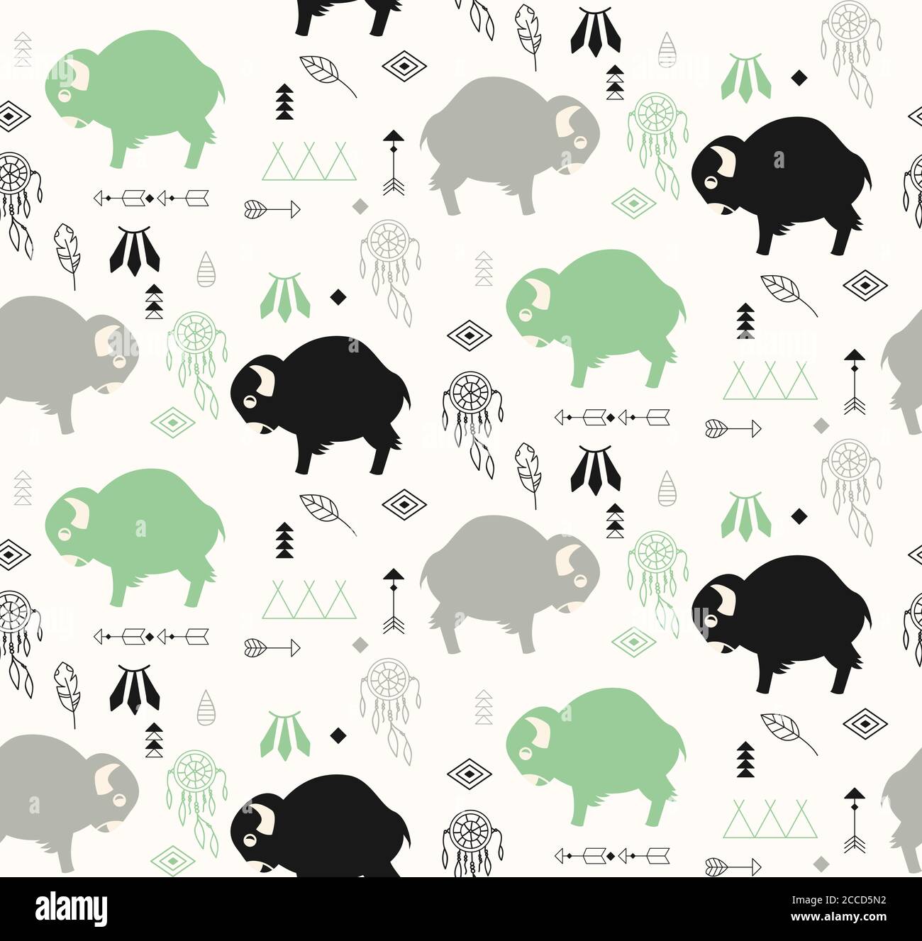 Seamless pattern with cute baby buffaloes and native American symbols ...