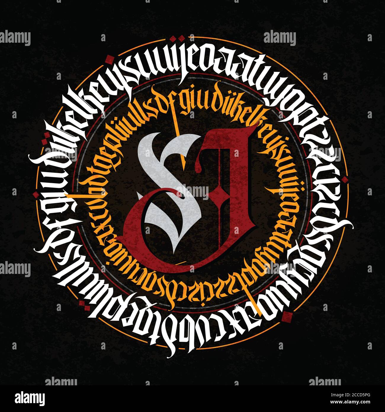 Gothic abstract Red, Yellow and white Circle / Round calligraphy ...