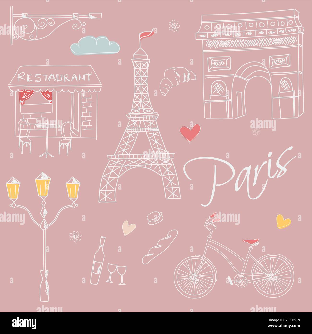 Paris symbols, postcard, hand drawn, vector illustration Stock Vector ...