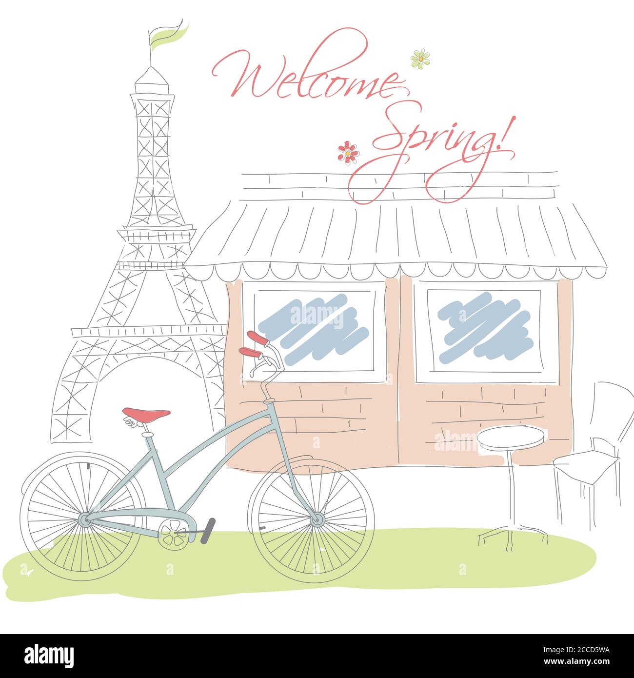 Welcome spring in Paris postcard, hand drawn, vector illustration Stock ...