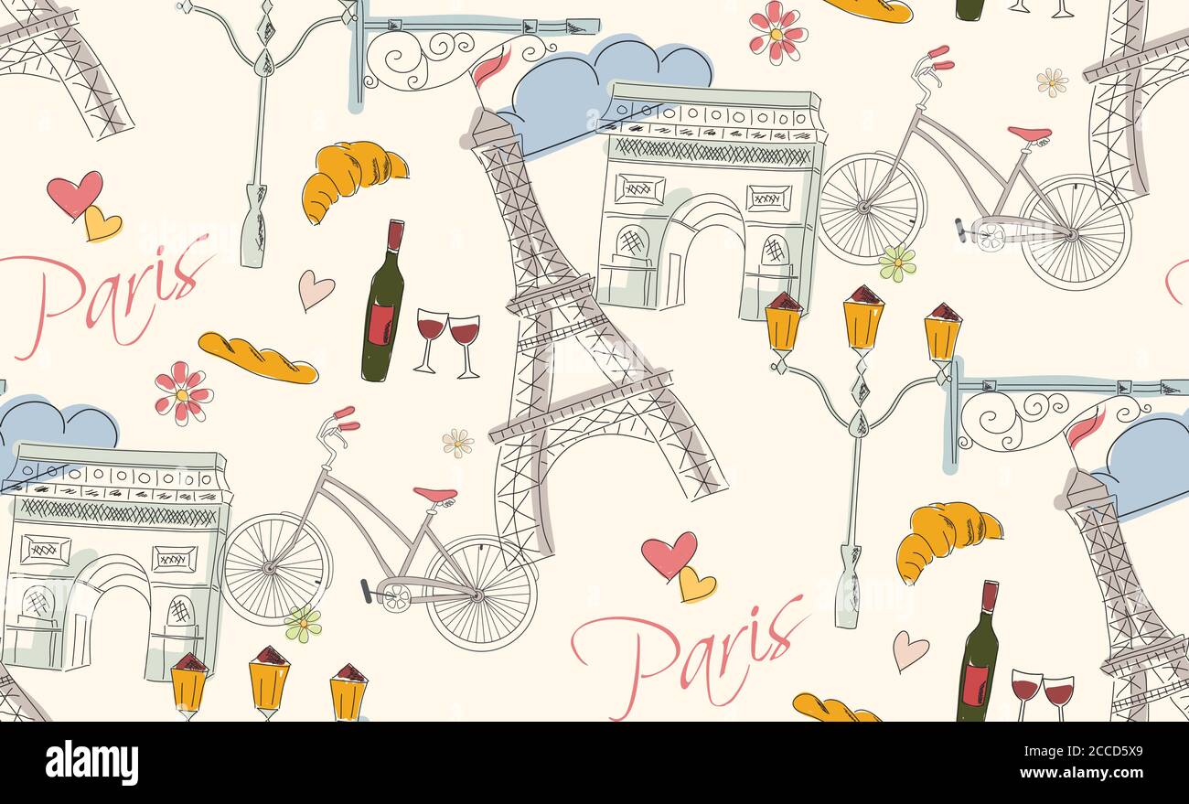 Paris symbols, postcard, seamless pattern, hand drawn, vector ...