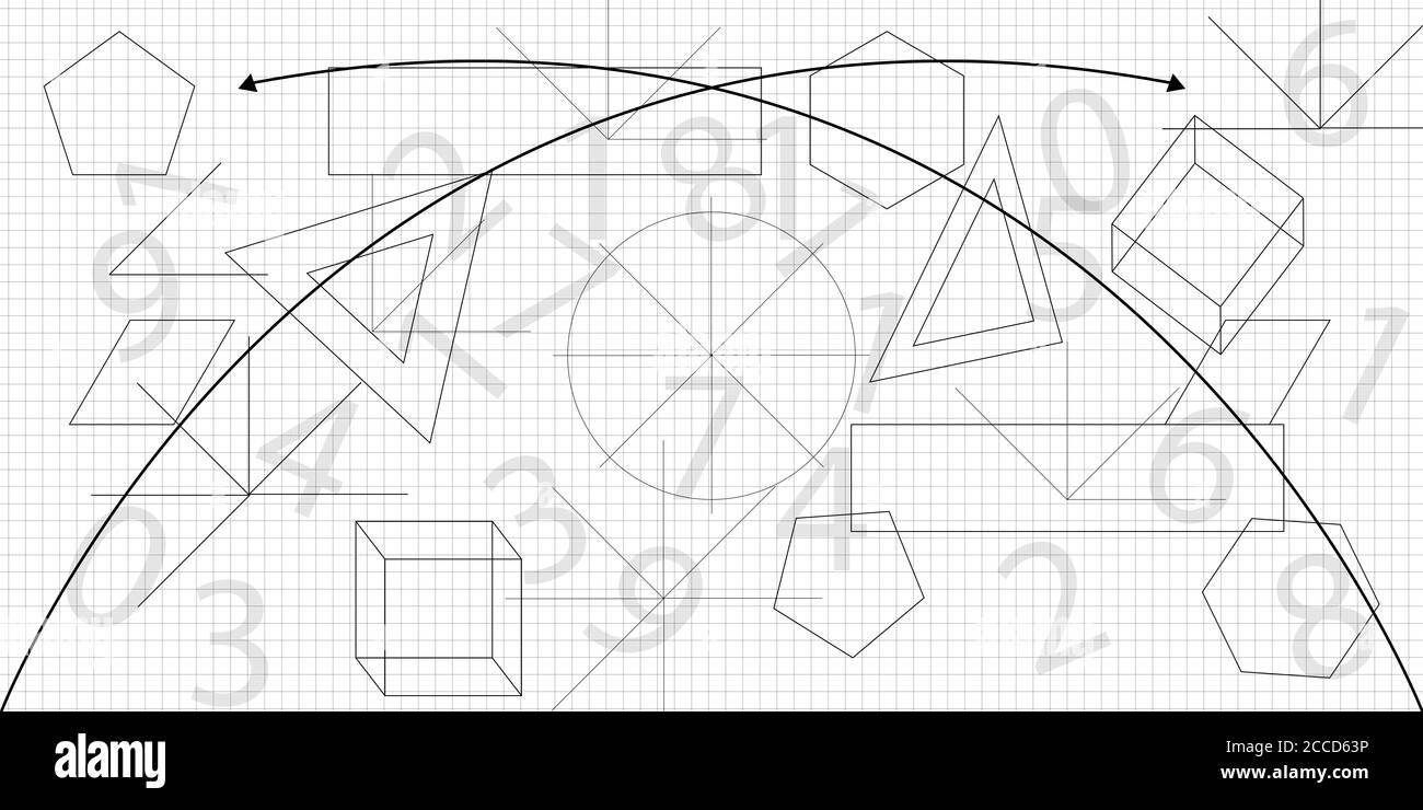 Geometric shapes and numbers on white mathematical background Stock ...
