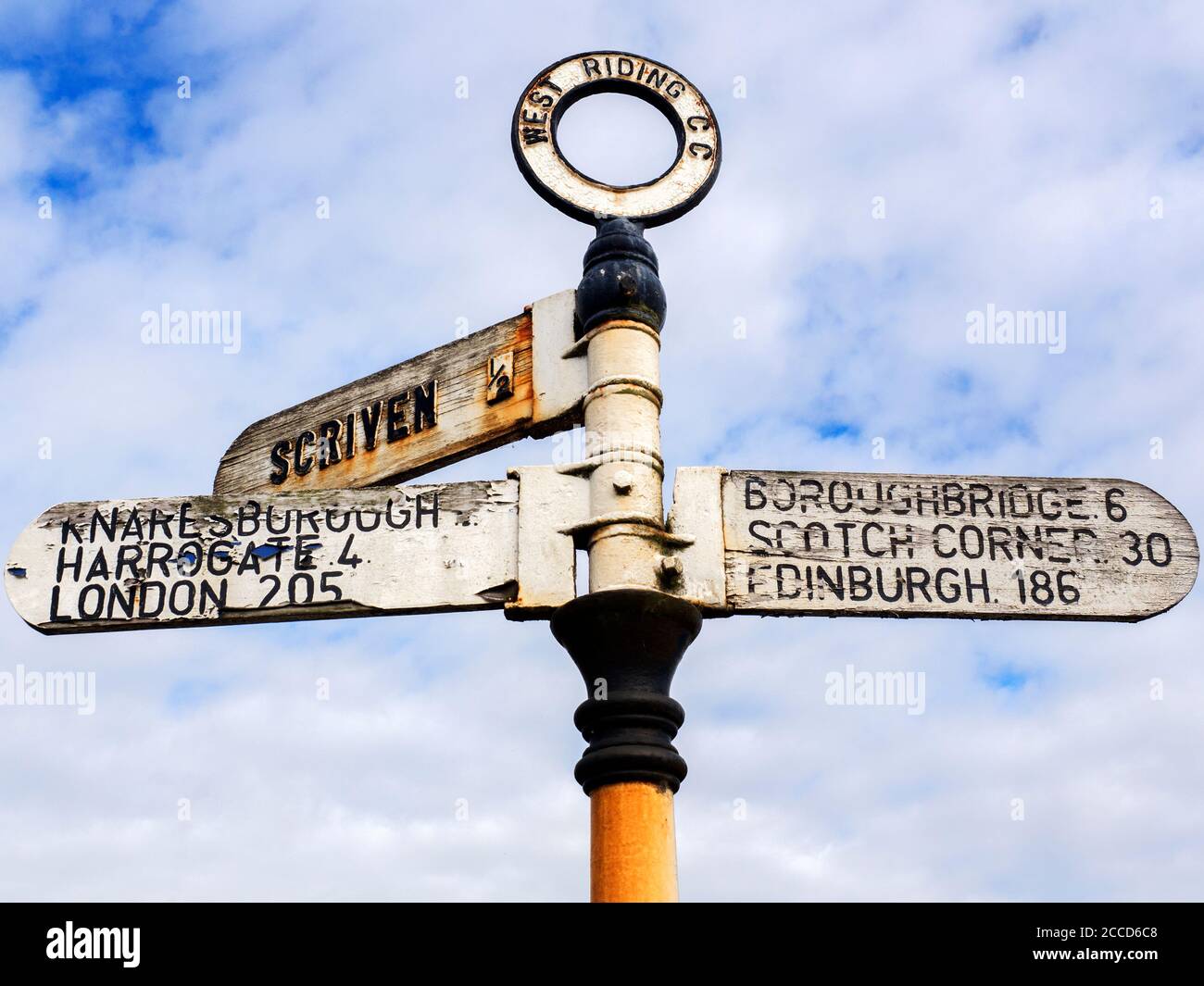 Old West Riding CC signpost showing distances to London Scotch Corner ...