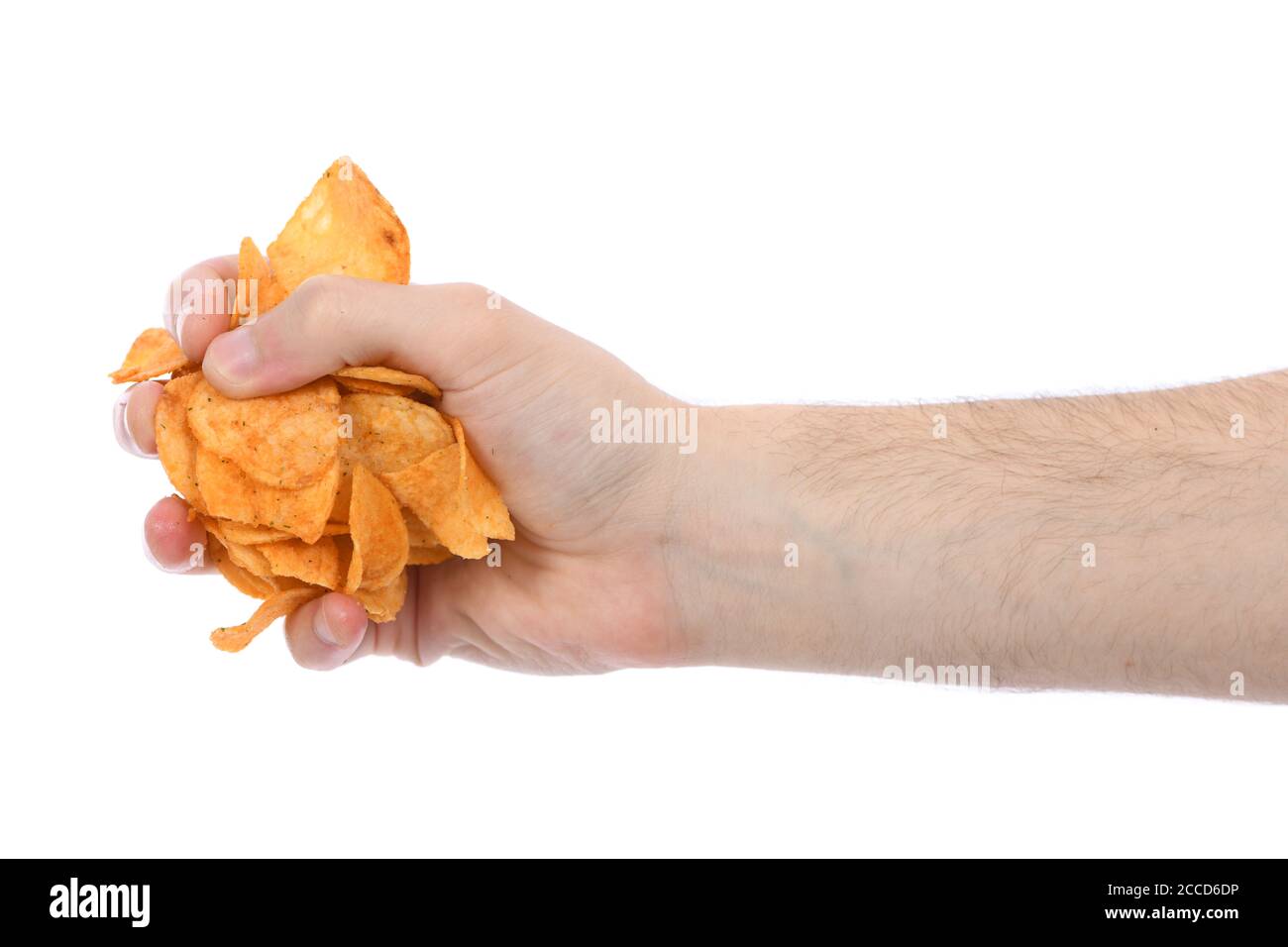Male hand holding potato chips. Isolated on white background. High ...