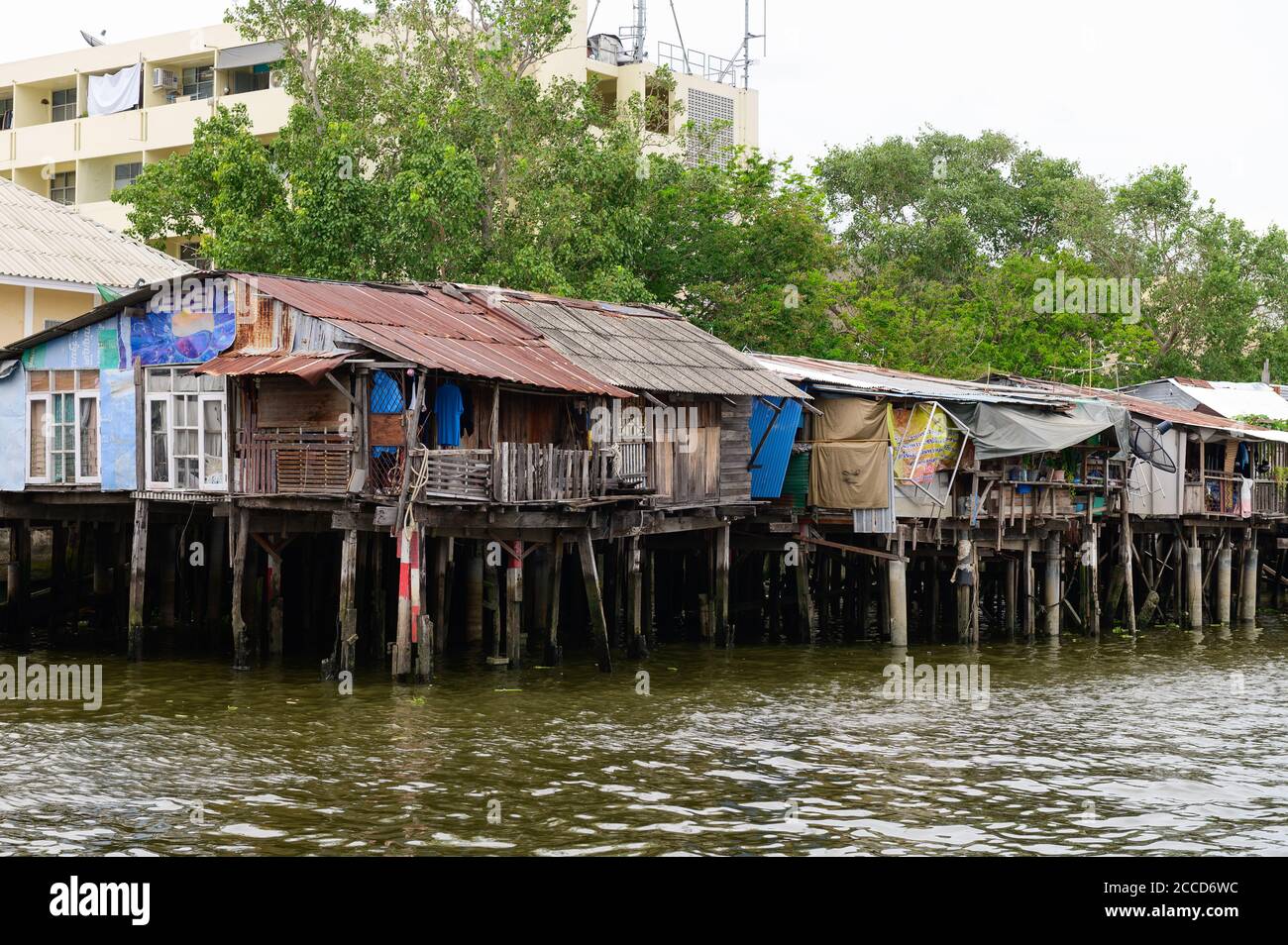 Wooden slums on stilts on the riverside of Chao Phraya River in Bangkok ...
