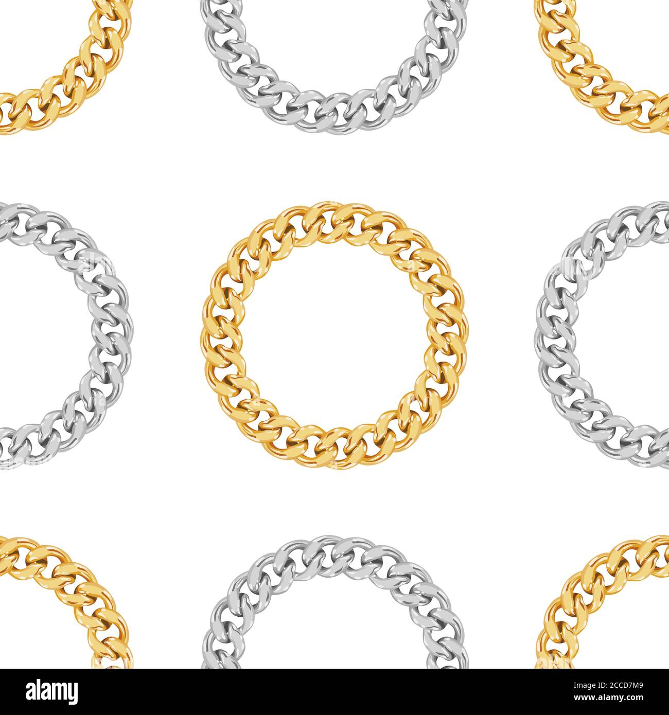 Seamless pattern of golden and silver chains with circle shape on white ...