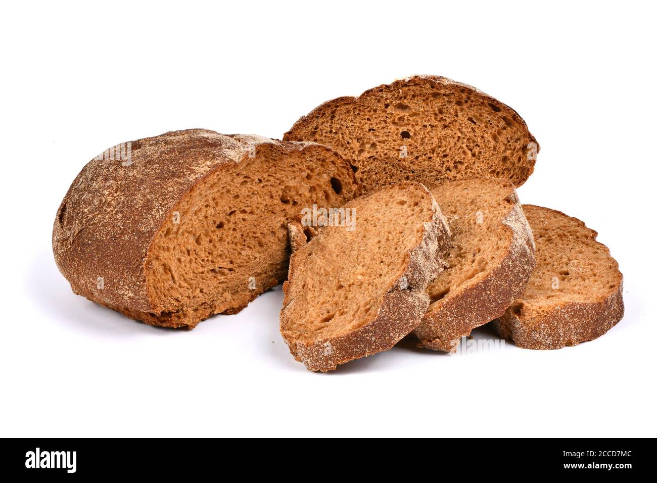 Freshly baked loaves of traditional round rye bread isolated on white ...