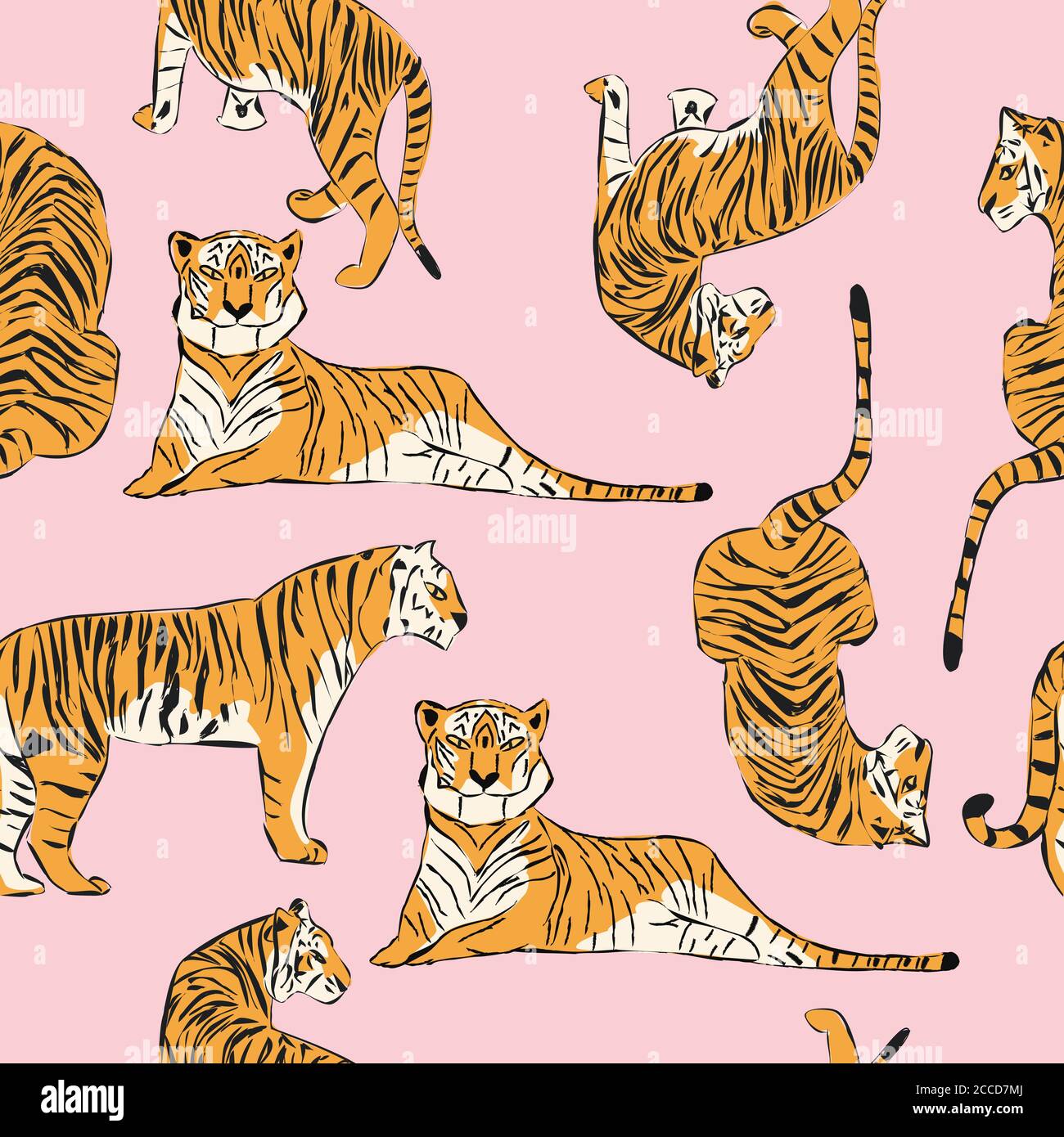 Hand drawn tiger seamless pattern, big cats in different position ...