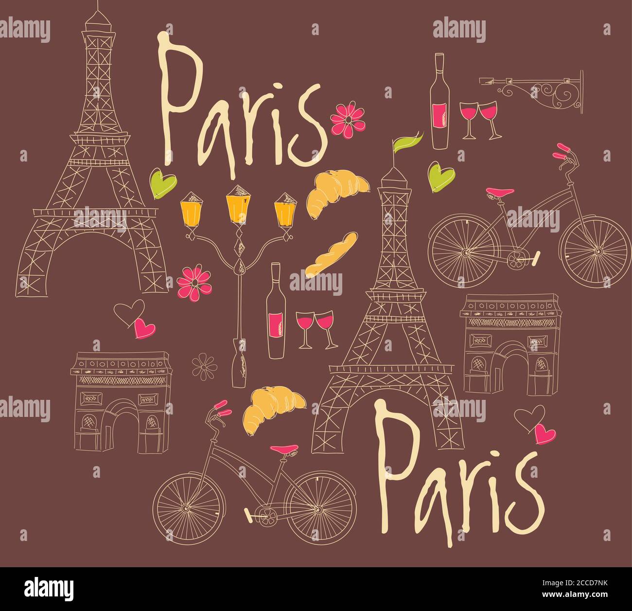Paris symbols, postcard, hand drawn, vector illustration Stock Vector ...