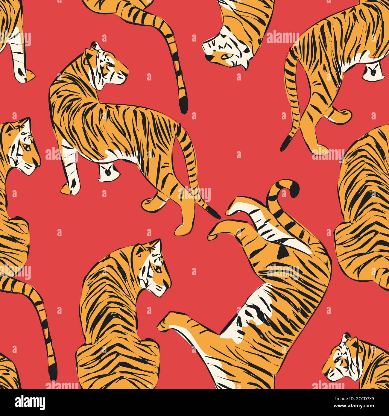 Hand drawn tiger seamless pattern, big cats in different position ...