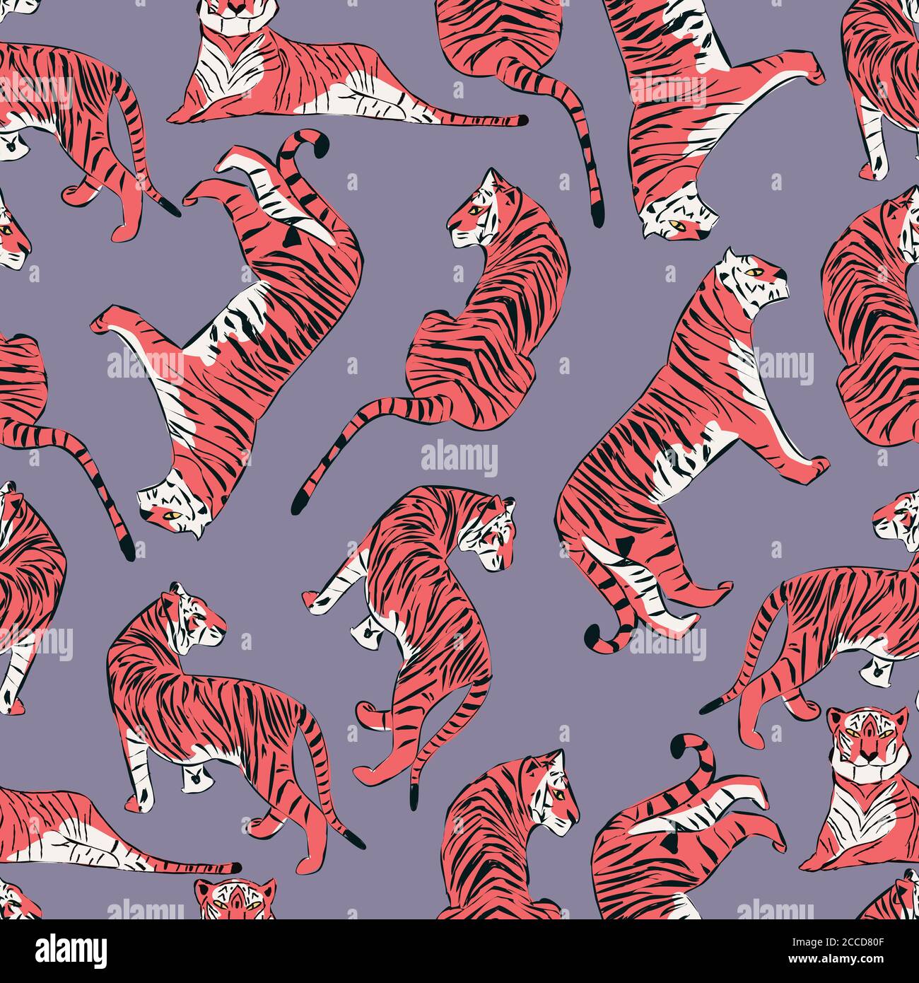 Hand drawn tiger seamless pattern, big cats in different position, red ...