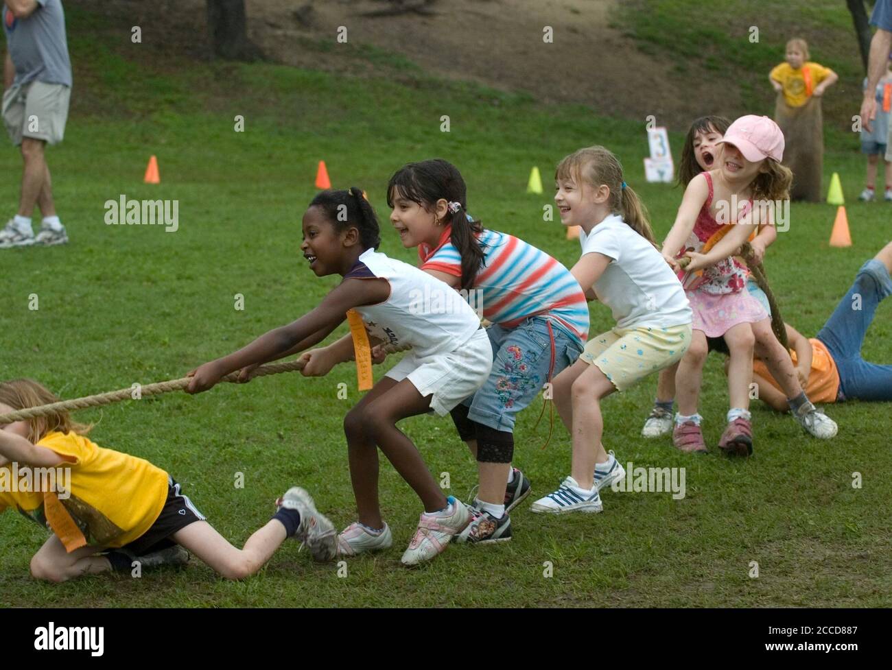 Austin, TX May 8, 2007: Kindergarten children on team at a rope pull ...