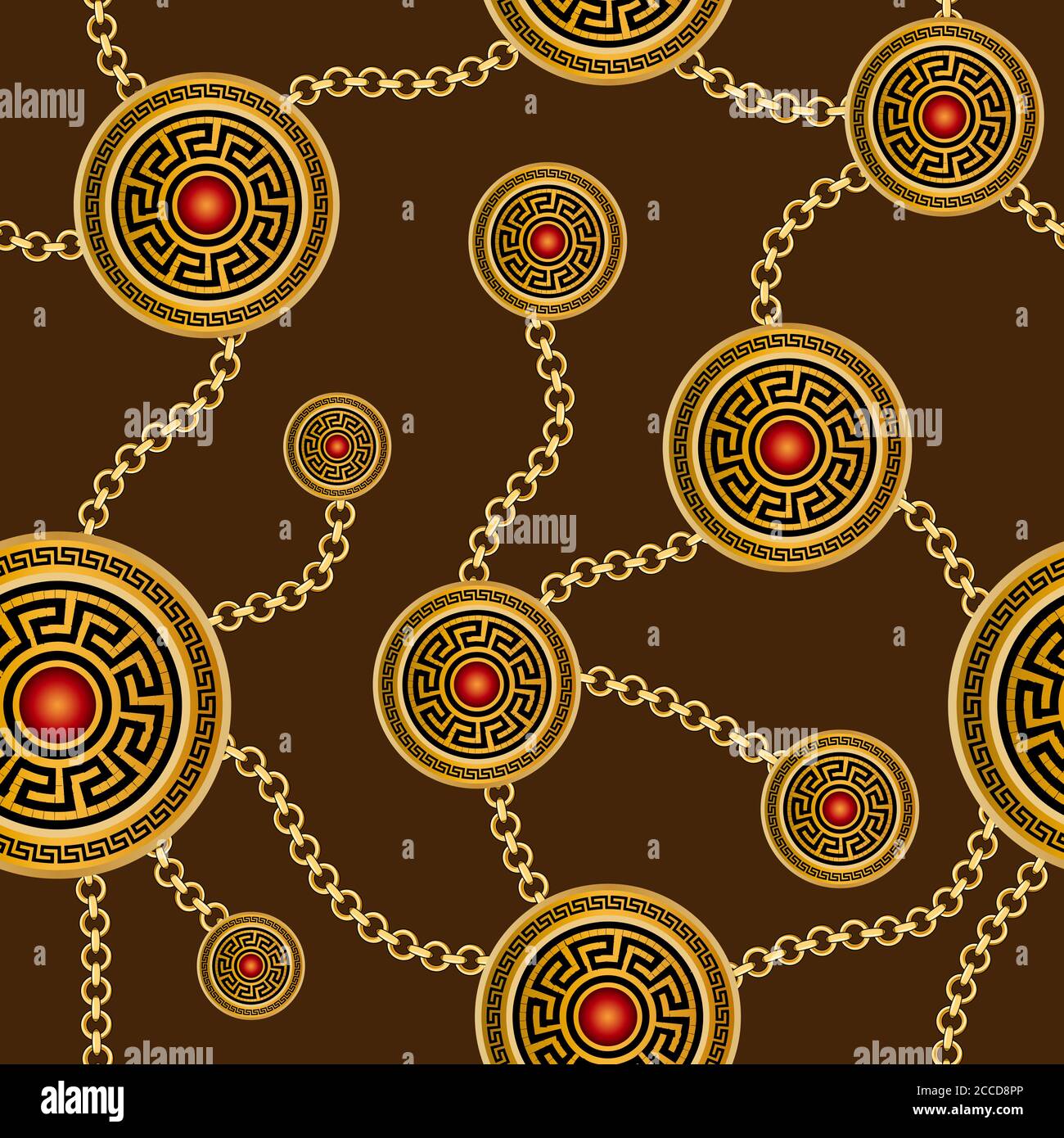 Fashion seamless pattern with golden chains and motifs on dark brown ...