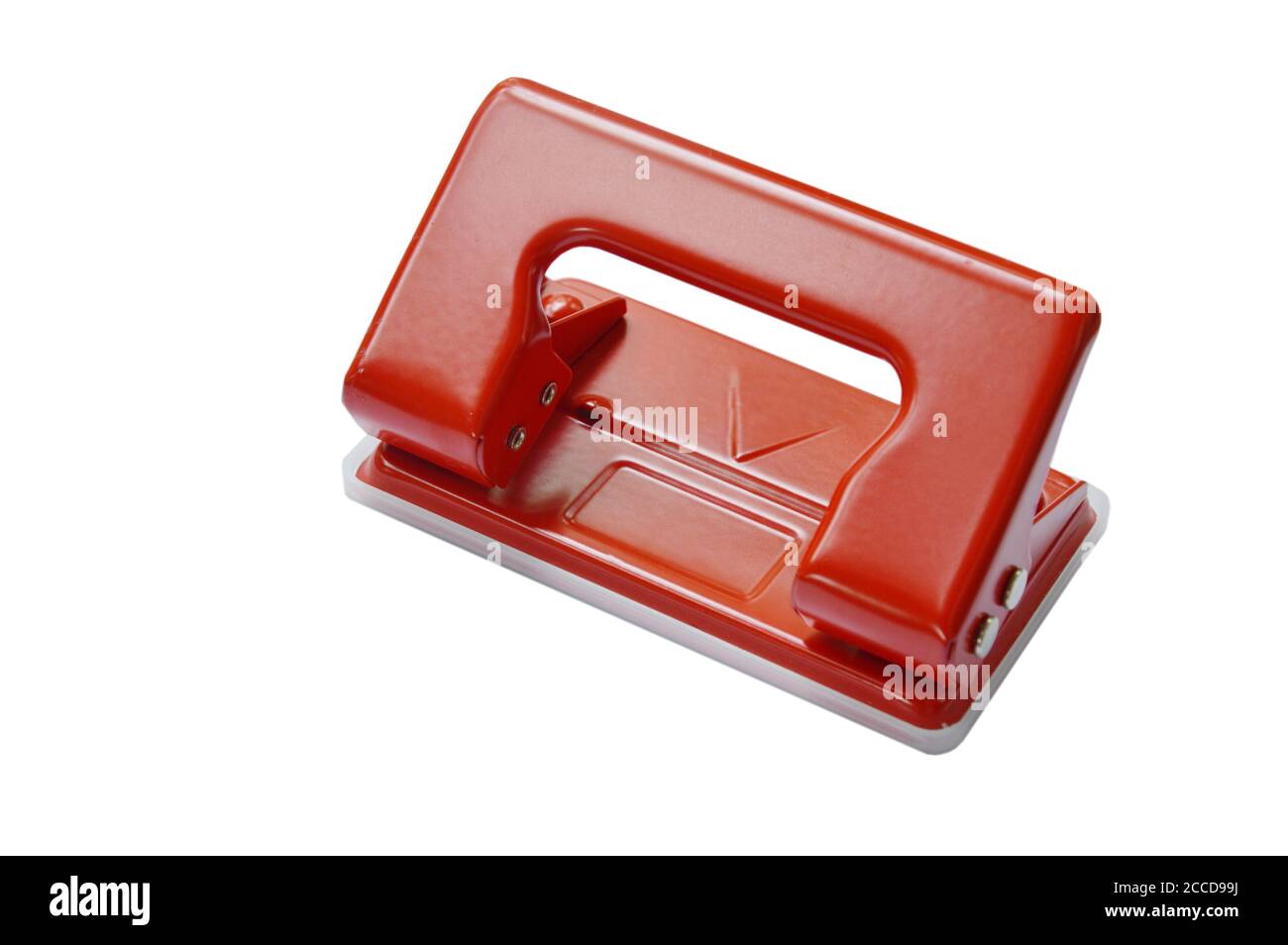 Red punch pushing paper on white background Stock Photo - Alamy