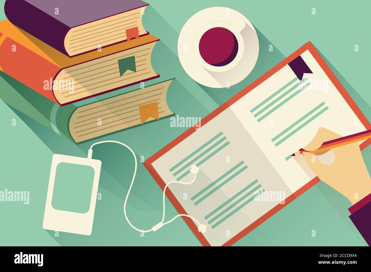 Writing into notebook background with stack of books and coffee Stock ...