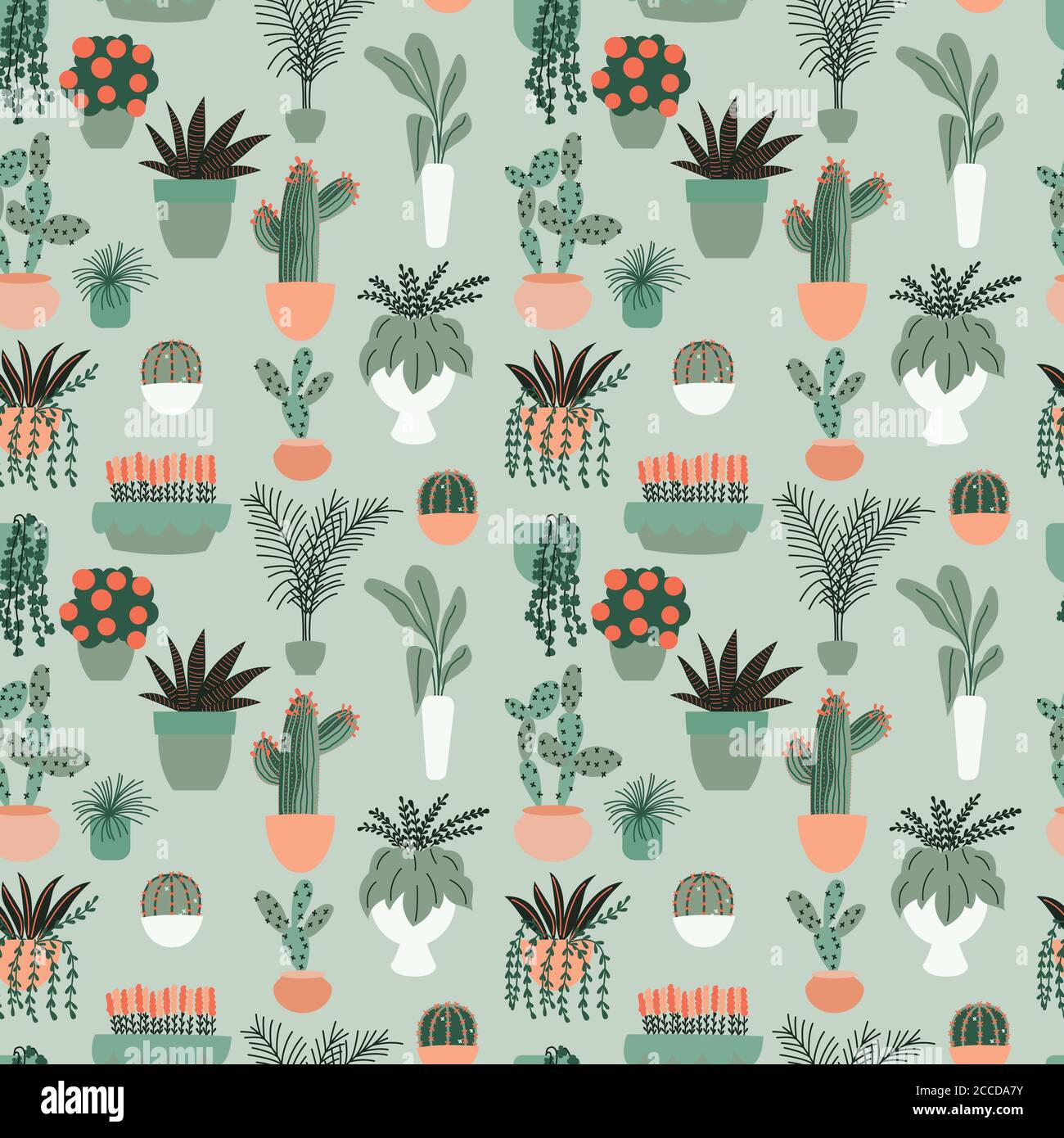 Seamless pattern with collection of hand drawn indoor house plants ...