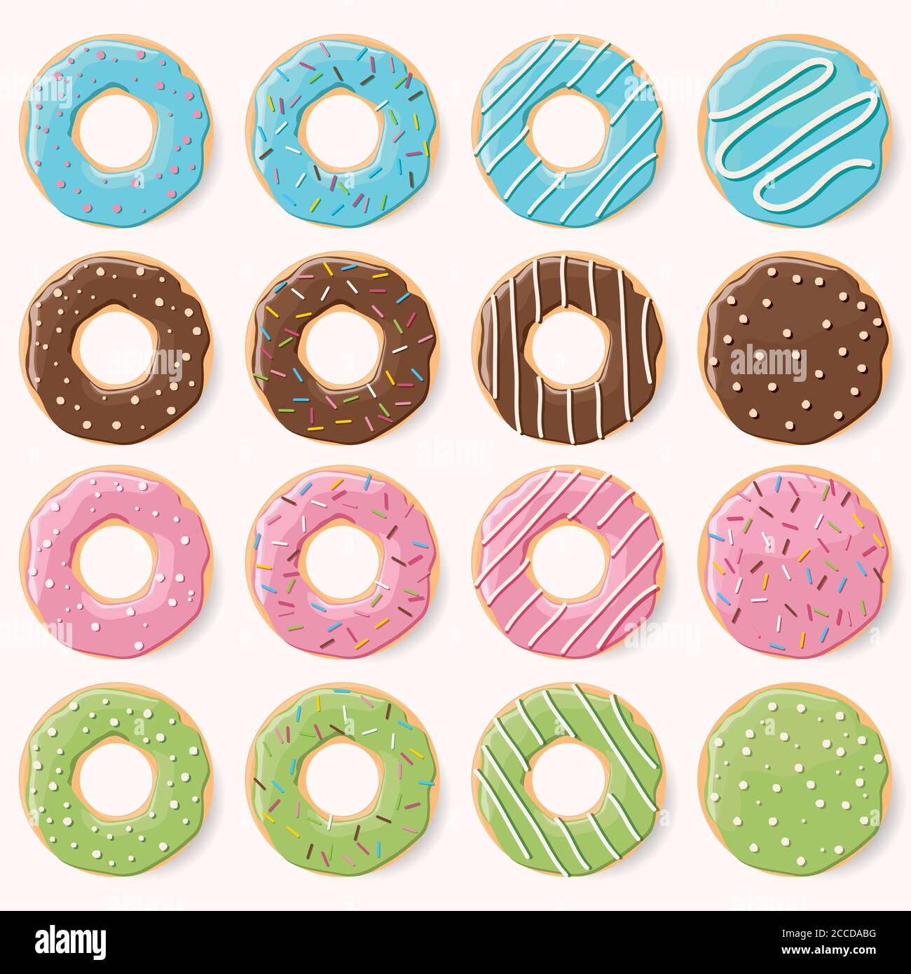 Collection of sixteen glazed colorful donuts with different flavors ...