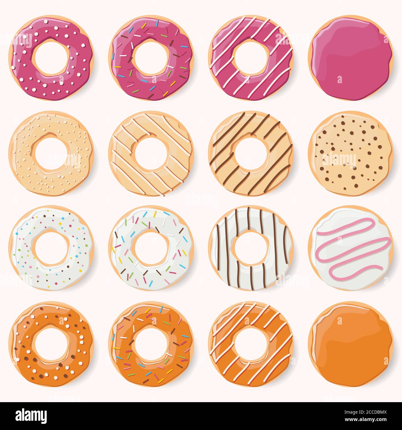 Collection of sixteen glazed colorful donuts with different flavors ...