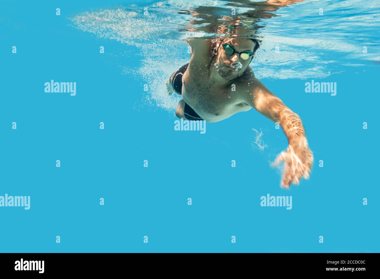 Pro swimmer in the swimming pool. Underwater swim photo with copy space ...