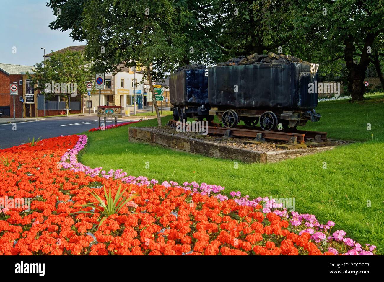 UK, South Yorkshire, Barnsley, Rail Wagons on Roundabout opposite ...