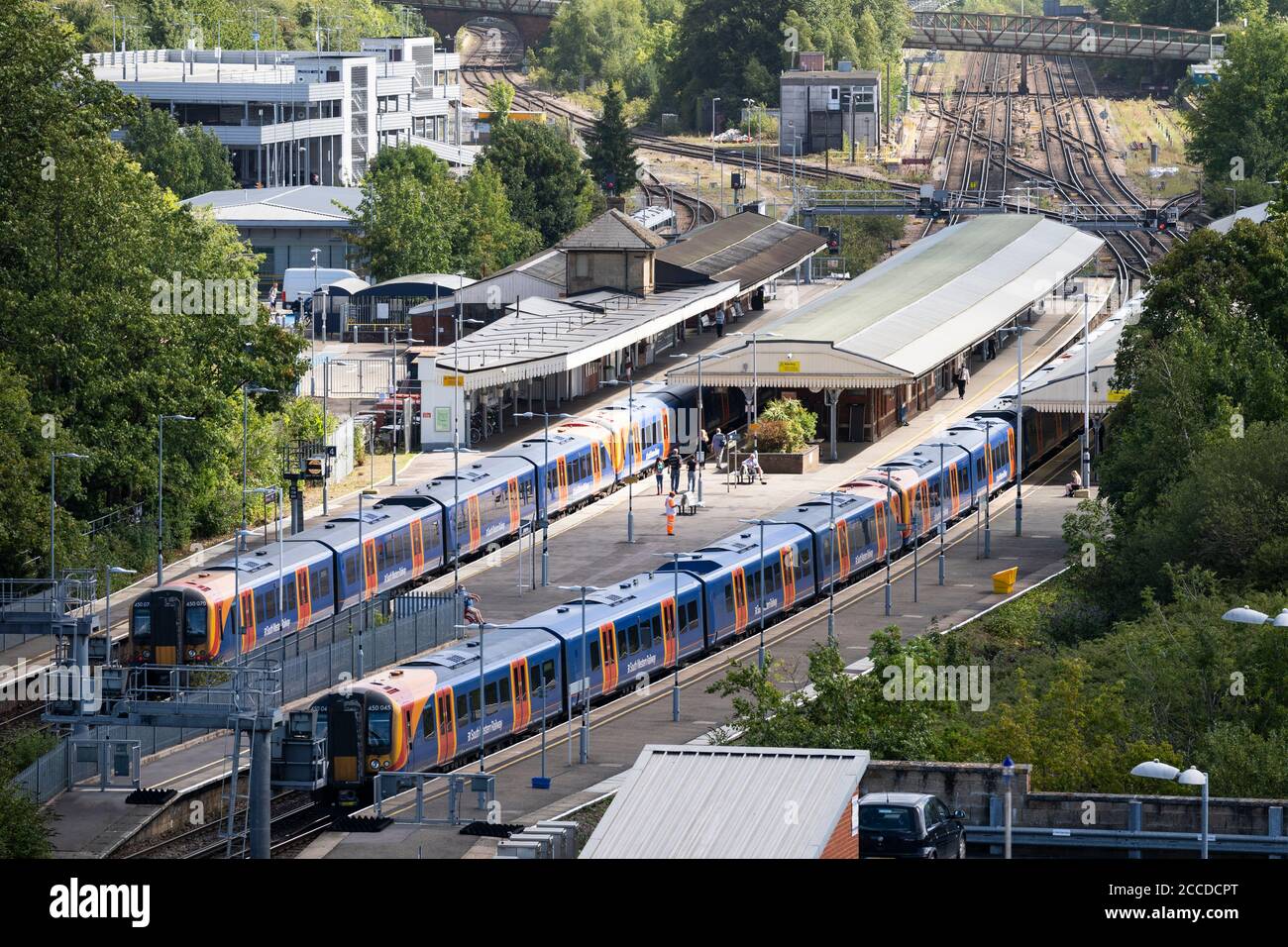 Aerial view looking down on Basingstoke train station and South Western ...
