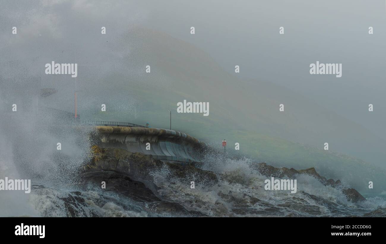 Storm Ellen hits Irish sea. Greystones sea promenade and sailing club ...