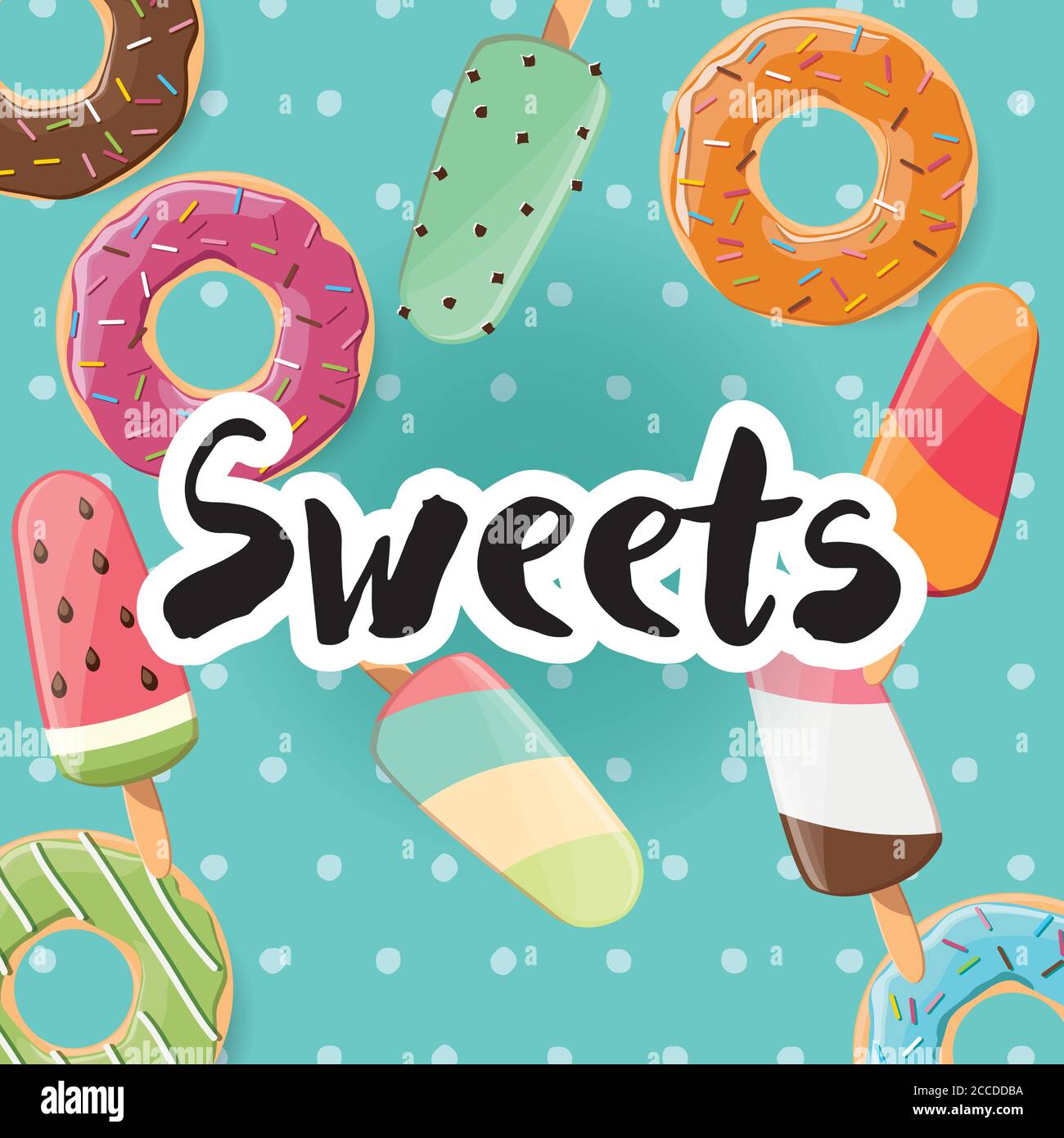 Poster design with colorful glossy tasty donuts and ice cream, vector ...