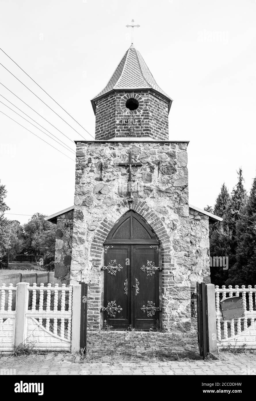 Small vintage christian catholic chapel. Brick building with gothic ...