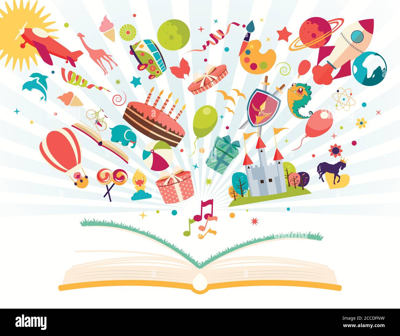 Imagination concept - open book with air balloon, rocket, airplane ...