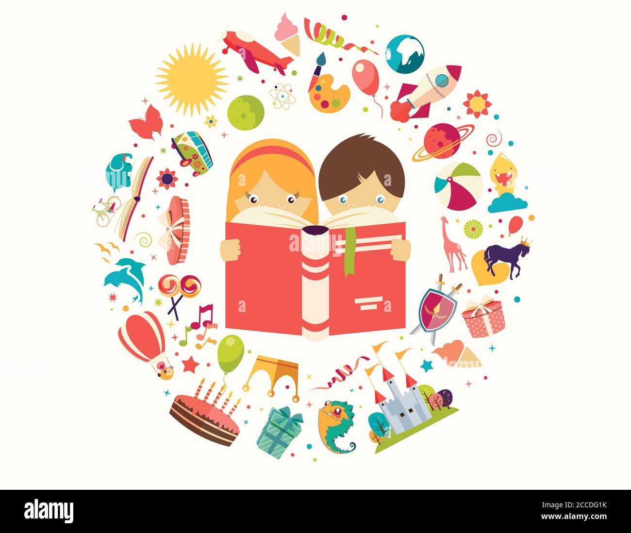 Imagination concept, boy and girl reading a book objects flying out ...