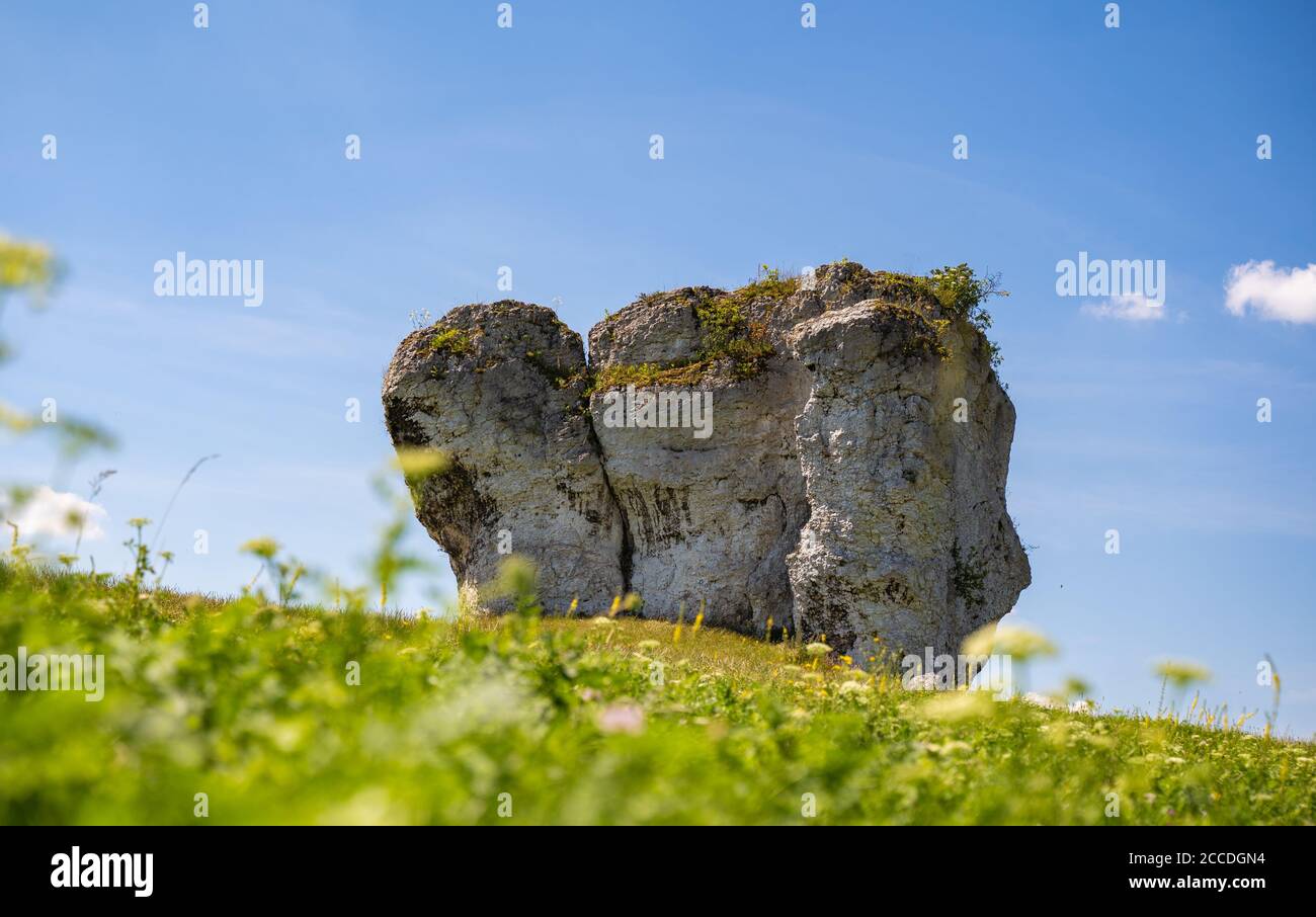 Limestone formations near 14th century ruins of Mirow Castle in Poland ...