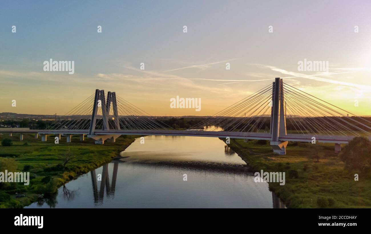 Monumental, lighted, modern double cable-stayed bridge over Vistula ...