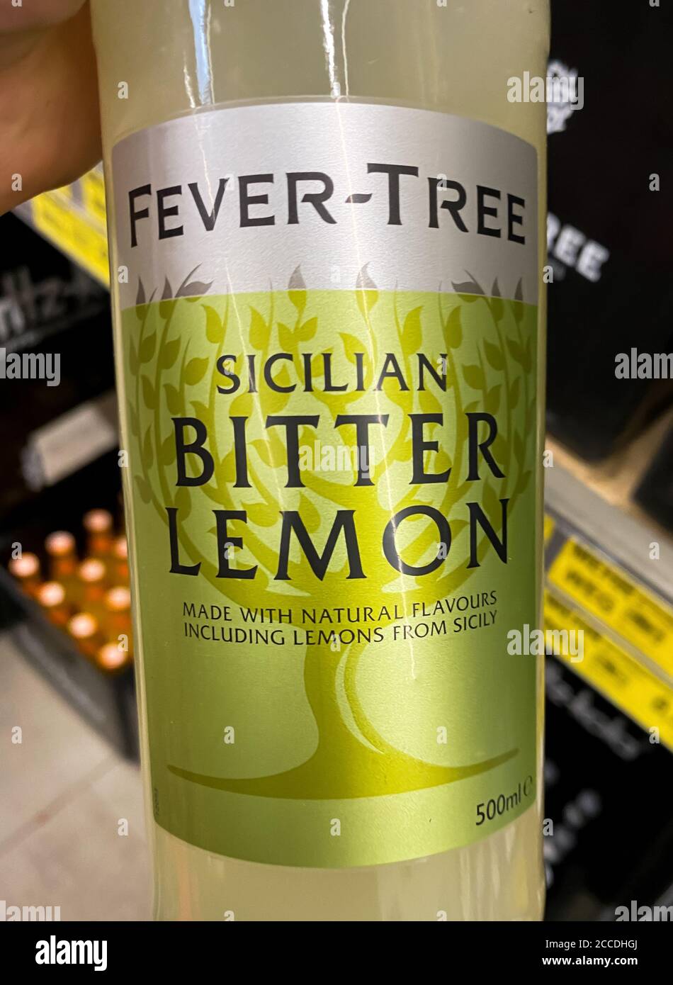 Viersen, Germany - July 9. 2020: Closeup of Fever Tree bitter lemon ...